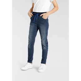 Schlupfjeans Kangaroos "Stretch-Jeans mit schmalem Bein f&uuml;r Jungen", Jungen, Gr. 152, N-Gr, blau (blau stone), Denim/Jeans, Obermaterial: 75% Baumwolle, 24% Polyester, 1% Elasthan, Basic schmal, Jeans Schlupfjeans, schmale Beinform, Used-Waschung, komfortable Leibh&ouml;he