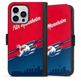 DeinDesign iPhone 13 Pro Handy Klapph&uuml;lle Handyh&uuml;lle aus Kunst Leder schwarz Flip Case Sports Adler Mannheim Logo Sideflip mit Lasche