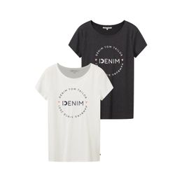 Tom Tailor Denim Damen Print T-Shirt im 2er-Pack, grau, Uni, Gr. M
