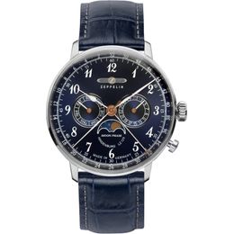 Multifunktionsuhr Zeppelin "LZ 129 Hindenburg Moonphase", blau (dunkelblau, silberfarben), Armbanduhren, Kinder, Armbanduhr, Quarzuhr, Herrenuhr, Datum, Mondphase, Made in Germany