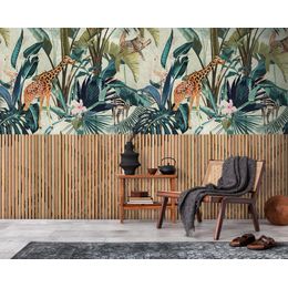 Livingwalls Fototapete LIVING WALLS "THE WALL III Tapete mit Tieren Motivtapete Dschungel Tiere", beige (beige,braun,blau), B:2,8m H:0,02m L:1,59m, Vlies, Tapeten, Vliestapete Wandpaneel-Optik f&uuml;r Schlafzimmer K&uuml;che Wohnzimmer Tiere