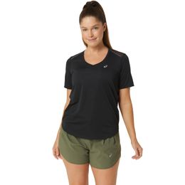 Laufshirt asics "ROAD V-NECK SS TOP", Damen, Gr. M (40), schwarz (performance schwarz), Jersey, Obermaterial: 94% Polyester, 6% Elasthan, unifarben, Rundhals, eingesetzt normaler Saum, Shirts Laufshirt