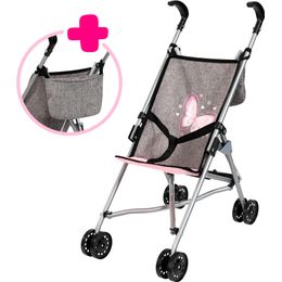 Puppenbuggy BAYER, schmetterling grau, rosa, Puppenwagen, KinderB:27cm H:56cm T:47cm, Kunststoff, Metall, Polyester, mit Tasche, B:27cm H:56cm T:47cm