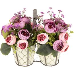 Kunstblume I.GE.A. "Ranunkeln", rosa, B:21cm H:18cm L:14cm, Obermaterial: 90% Polyester, 8% Kunststoff, 2% Metall, Kunstpflanzen, Im Korb aus Metall, mit Henkel