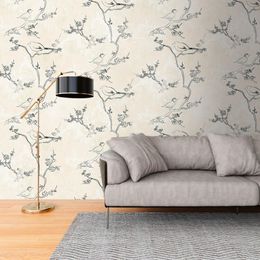 Livingwalls Fototapete LIVING WALLS "THE WALL III Vogel-Tapete Motivtapete Zeichnung V&ouml;gel", beige (creme,schwarz), B:2,8m H:0,02m L:1,59m, Vlies, Tapeten, Vliestapete floral f&uuml;r Schlafzimmer K&uuml;che Wohnzimmer Vogel Design Flur