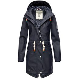 Regenjacke Navahoo "Tropical Stormoo", Damen, Gr. XS (34), blau, Obermaterial: 70% Polyester, 30% Polyurethan. Innenfutter: 100% Polyester. &Auml;rmelfutter: 100% Polyester. Wattierung: 100% Polyester, tailliert ca. Mitte Oberschenkel, hoch geschlossener Ausschnitt, &Auml;rmel ohne &Auml;rmelschlitz Rippstrickb&uuml;ndchen, Jacken Regenjacke, Wasserdichter Damen Outdoor Regenmantel