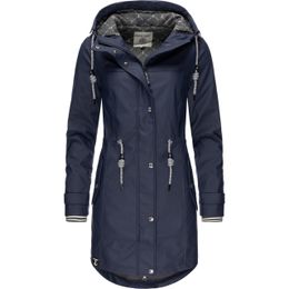 Regenjacke PEAK TIME "L60042", Damen, Gr. S (36), blau (marine), Obermaterial: 100% Polyurethan; Futter 1: 100% Polyester; Futter 2: 60% Baumwolle, 40% Polyester; Wattierung: 100% Polyester, tailliert ca. Mitte Oberschenkel, &Auml;rmel ohne &Auml;rmelschlitz normaler Saum, Jacken Regenjacke, stylisch taillierter Regenmantel f&uuml;r Damen