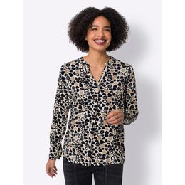 Langarmbluse Heine, Damen, Gr. 48, beige (champagner, schwarz, bedruckt), 95% Viskose, 5% Elasthan, bedruckt, gemustert, gepunktet, mehrfarbig, Rundhals, Blusen