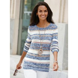 Strickpullover Casual Looks "Pullover", Damen, Gr. 36, blau (blau, ecru, gestreift), 54% Baumwolle, 46% Polyacryl, gemustert, gestreift, mehrfarbig, meliert, Pullover Strickpullover