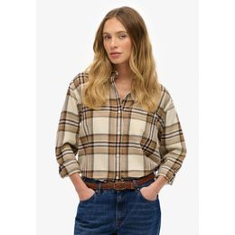 Karobluse Superdry "CHECK FLANNEL BOYFRIEND SHIRT", Damen, Gr. XS, beige, cream check, Flanell, Obermaterial: 100% Baumwolle, kariert, casual, oversize, Langarm, Blusen Karobluse