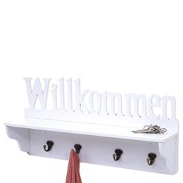 Wandgarderobe MCW-D41 Willkommen, Garderobe Regal, 4 Haken massiv 30x60x13cm ~ wei&szlig;