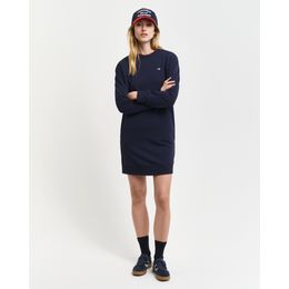 Sweatkleid Gant "SHIELD C-NECK SWEAT DRESS", Damen, Gr. L, N-Gr, blau (evening blau), angeraute Sweatware, Obermaterial: 87% Baumwolle, 13% Polyester, knieumspielend, Rundhals, Rippb&uuml;ndchen, Kleider Sweatkleid, Shield Sweatkleid mit Rundhalsausschnitt
