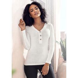 Lascana Langarmshirt 'mit kurzer Knopfleiste' beige Gr. 44/46 f&uuml;r Damen. Mit V-Ausschnitt. Bequem. Nachhaltig.
