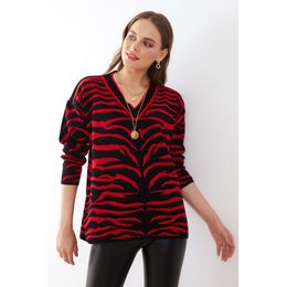 Milan Kiss Pullover in Rot/ Schwarz/ Bunt - 58% | Gr&ouml;&szlig;e L | Damen-pullover-cardigans