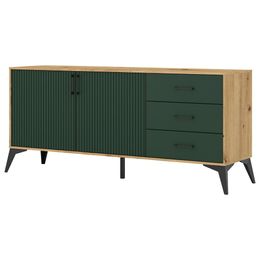 Boxxx Sideboard Lugo, Dunkelgr&uuml;n, Eiche Artisan, Metall, 2 F&auml;cher, 3 Schublade(n) Schubladen, 164.5x78.4x42 cm, Made in EU, Beim&ouml;bel erh&auml;ltlich, Wohnzimmer, Kommoden & Sideboards, Sideboards