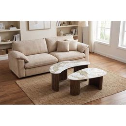 Riess Ambiente 2er Set Couchtische OSAKA 120cm wei&szlig; Pandora Keramik Walnuss Riess-Ambiente Satztisch Sofatisch Wohnzimmertisch organisch Modern Retro