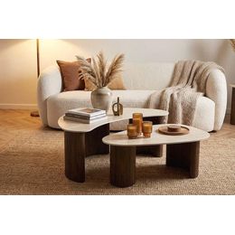Riess Ambiente 2er Set Couchtische OSAKA 120cm champagner greige Travertin Keramik Walnuss Riess-Ambiente Satztisch Sofatisch Wohnzimmertisch organisch Modern Retro