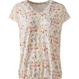 CR&Eacute;ATION L Damen Print-Shirt mit kleinem V und Raffung am Ausschnitt ecru-bedruckt Gr&ouml;&szlig;e 50