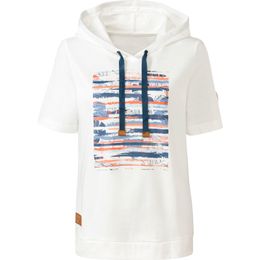 CR&Eacute;ATION L Damen Sweatshirt mit Kapuze ecru-dunkelblau-bedruckt Gr&ouml;&szlig;e 44