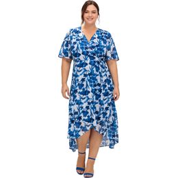 sheego Damen Chiffonkleid in Wickeloptik, mit Bl&auml;tterprint kobalt-gemustert Gr&ouml;&szlig;e 50