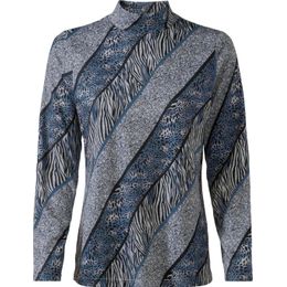 CR&Eacute;ATION L Damen Langarmshirt mit Stehkragen royalblau-schwarz-bedruckt Gr&ouml;&szlig;e 52