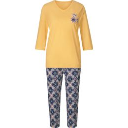 w&auml;schepur Damen Schlafanzug mit allover bedruckter 3/4-Hose gelb-marine-bedruckt Gr&ouml;&szlig;e 52/54