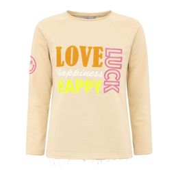 Sweater Zwillingsherz "Love Luck Happy", Damen, Gr. L/XL (L/XL), beige, Sweatware, Obermaterial: 50% Baumwolle, 50% Polyester, comfort fit h&uuml;ftlang, Rundhals, Sweatshirts Sweater, mit Used-Look Kanten und fr&ouml;hlicher Stickerei