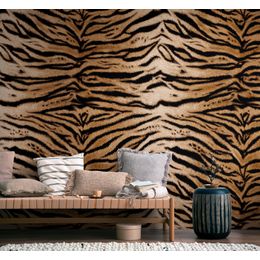 Livingwalls Fototapete LIVING WALLS "THE WALL III Tiger Tapete Motivtapete Fell Tiger", braun (braun,schwarz), B:2,8m H:0,02m L:1,59m, Vlies, Tapeten, Vliestapete Animalprint f&uuml;r Schlafzimmer K&uuml;che Wohnzimmer Tiger Design