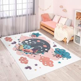 Kinderteppich Carpet City "ANIME917", beige (creme), B:80cm H:11mm L:150cm, Polypropylen (PP), Teppiche, Kinderteppich, Kinderzimmer Teppich Modern mit Mond, Blumen, Wolken, Creme, Multi