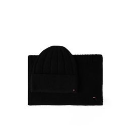 Tommy Hilfiger Damen Beanie "TH FLAG FLUFFY"schwarz, Strick, Materialmix, M&uuml;tzen, in Geschenkbox, Set mit Schal, flaschig