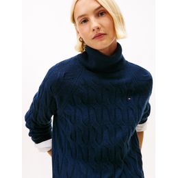 Tommy Hilfiger Damen Rollkragenpullover "SOFT WOOL CABLE ROLL-NK LS SWT"schwarz night navy, Gr. XL, unifarben, Strick, Obermaterial: 100% Wolle,