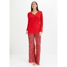 bonprix Pyjama mit weitem Bein aus softem Viskose-Mix, rot, Viskose