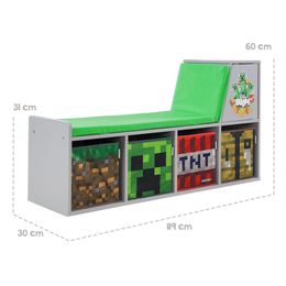 Roba Minecraft Sitzbank und Leseregal - 119x30x60cm - grau - Holz / Polyester / Schaumstoff