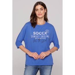 3/4-Arm-Shirt SOCCX, Damen, Gr. XS/S, blau (vividblau), Single Jersey, Material: 50% Baumwolle, 50% Polyester, bedruckt, oversize normal, Rundhals, Fledermaus&auml;rmel B&uuml;ndchen, Shirts 3/4-Arm-Shirt, mit l&auml;ngerer R&uuml;ckenpartie