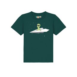 watabout.kids T-Shirt 'Alien On A Paper Plane' Jungen Gr&ouml;&szlig;e 98/104 stone / hellgr&uuml;n / dunkelgr&uuml;n / wei&szlig;