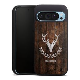 DeinDesign Google Pixel 9 Pro Handy Premium Silikon H&uuml;lle Handyh&uuml;lle schwarz Case Wooden Look Wood Deer Silikon Premium Case