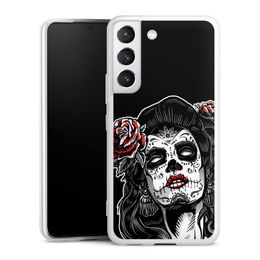 DeinDesign Galaxy S22 Handy Slim Case Silikon Handyh&uuml;lle transparent H&uuml;lle extra d&uuml;nn D&iacute;a De Los Muertos Totenkopf Rock 'N' Roll Silikon Slim Case