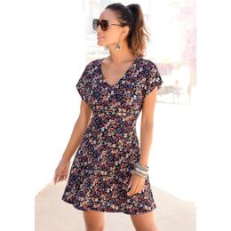 Sommerkleid Vivance, Damen, Gr. 44, N-Gr, bunt (floral, bedruckt), Jersey, Obermaterial: 100% Viskose, bedruckt, figurumspielend ca. Mitte Oberschenkel, tiefer V-Ausschnitt, Kleider Sommerkleid, mit Blumendruck und V-Ausschnitt, leichtes Strandkleid