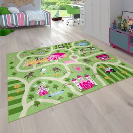 Kinderteppich Paco Home, B:200cm H:4mm L:200cm, gr&uuml;n, Polyester, Teppiche, "Bino 560", Kurzflor, Stra&szlig;en-Spiel-Teppich, Motiv Bauernhof, Kinderzimmer