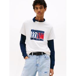 T-Shirt Tommy Jeans "TJM RWB FLAG TEE EXT", Herren, Gr. L, ancient wei&szlig;, Single Jersey, Obermaterial: 100% Baumwolle, slim fit h&uuml;ftbedeckend, Rundhals, Shirts T-Shirt, Slim fit, mit Rundhals