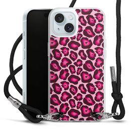 DeinDesign iPhone 15 Handy Carry Case H&uuml;lle mit Band Handykette zum Umh&auml;ngen schwarz Leopard Animal Print Leo Print Carry Case