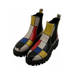Chelseaboots DOGO "Aura Boots Piet Mondrian - Composition Damen Stiefeletten", Damen, Gr. 37, Normalschaft, bunt (mehrfarbig), Lederimitat, Schuhe Chelseaboots, Handgefertigt