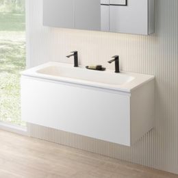 rivea Dia Unterschrank B: 121 cm mit 1 Auszug, Doppelwaschtisch mit 2 Hahnl&ouml;chern wei&szlig; matt,, BR0039WM+BR0098WM,
