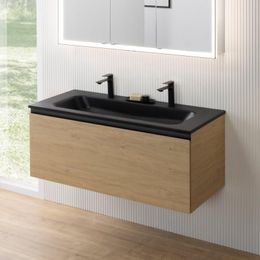 rivea Dia Unterschrank B: 121 cm mit 1 Auszug, Doppelwaschtisch mit 2 Hahnl&ouml;chern schwarz matt,, BR0039SO+BR0098BM,