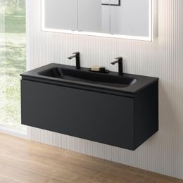 rivea Dia Unterschrank B: 121 cm mit 1 Auszug, Doppelwaschtisch mit 2 Hahnl&ouml;chern schwarz matt,, BR0039BM+BR0098BM,