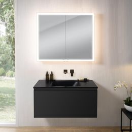 rivea Dia Unterschrank B: 101 cm mit 1 Auszug, Waschtisch ohne Hahnloch schwarz matt, mit n60 Spiegelschrank f&uuml;r die Schweiz,,