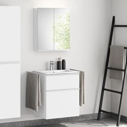 evineo ineo4 Unterschrank B: 61 cm, 2 Ausz&uuml;ge, mit Griff, Waschtisch wei&szlig;, mit Spiegelschrank f&uuml;r die Schweiz,, BE0834WH+BE0200WM+BEA040MI+BL001197,