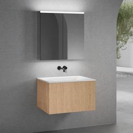 neoro n50 Unterschrank B: 80 cm mit 1 Auszug, mit glatter Eichenfront, Waschtisch ohne Hahnloch wei&szlig; matt, mit Spiegelschrank,