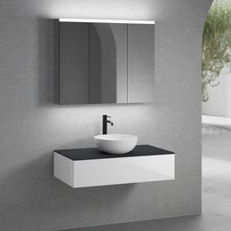 neoro n50 Unterschrank B: 100 cm mit 1 Auszug, Waschtisch &Oslash; 45 cm wei&szlig; matt, mit Spiegelschrank,, BN0106WM+BN0413WH+BN0403BM+BN0474MI,