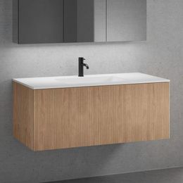 neoro n50 line Unterschrank B: 120 cm mit 1 Auszug, mit profilierter Eichenfront, Waschtisch mit 1 Hahnloch wei&szlig; matt, mit Spiegelschrank,